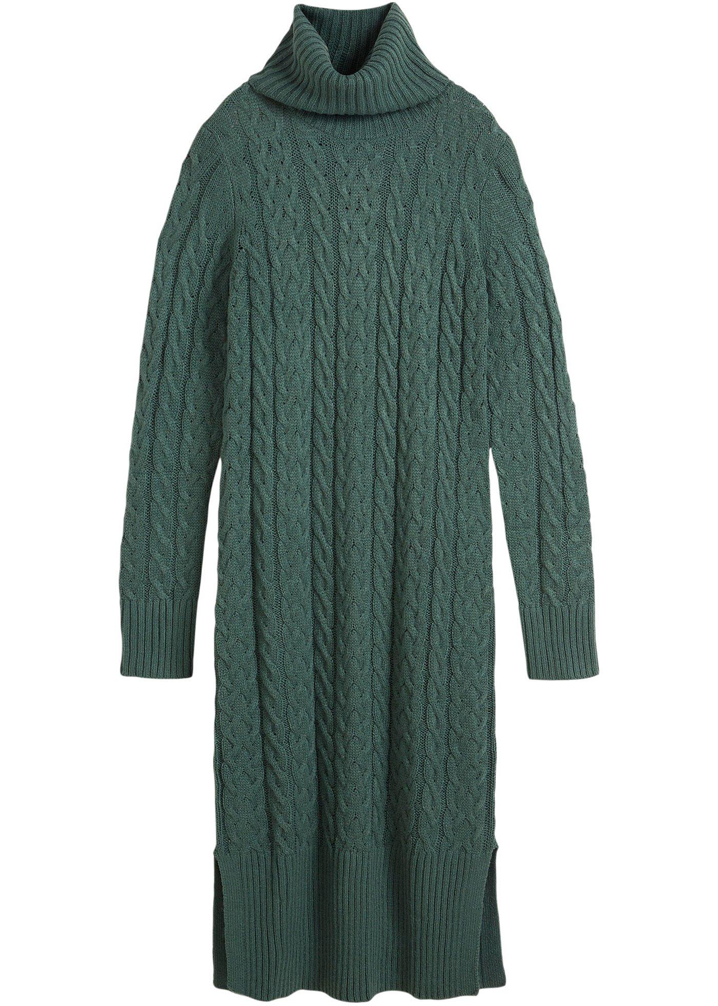 Robe à col roulé douillette en maille à motif torsadé, fente latérale à la base - vert mat