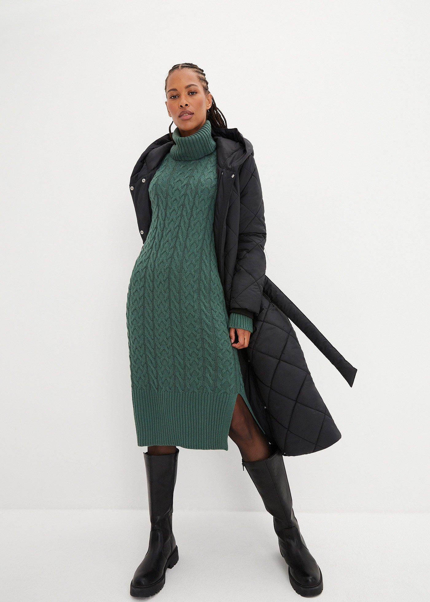 Robe à col roulé douillette en maille à motif torsadé, fente latérale à la base - vert mat