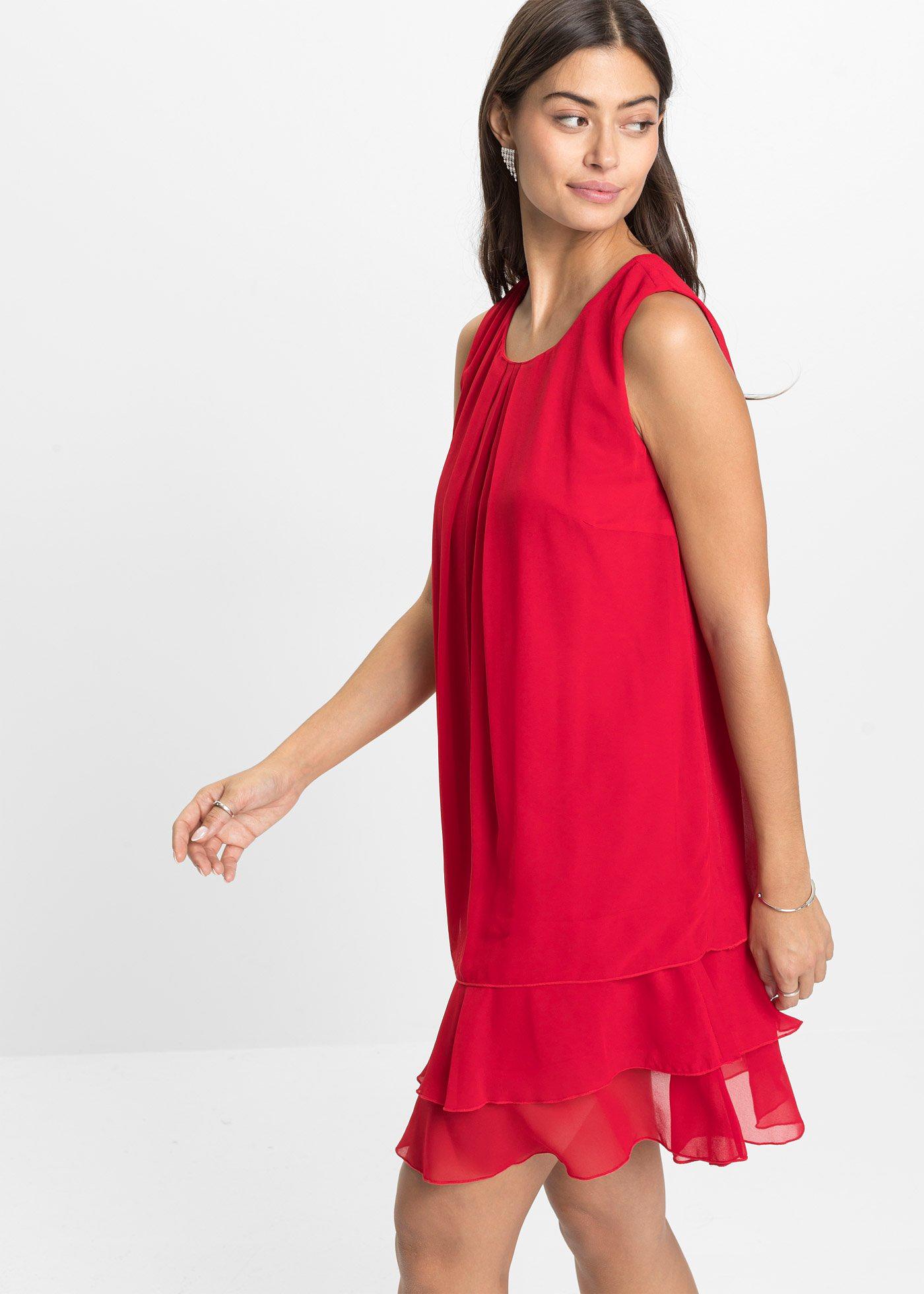 Magnifique robe en voile de chiffon coupe trapèze avec volants - rouge