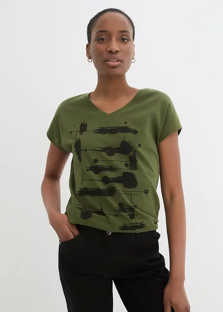 T-shirt stylé à imprimé - kaki foncé/noir imprimé