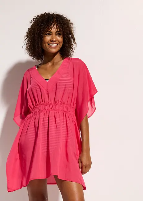 Belle tunique de plage avec col V et taille élastiquée - rose hibiscus