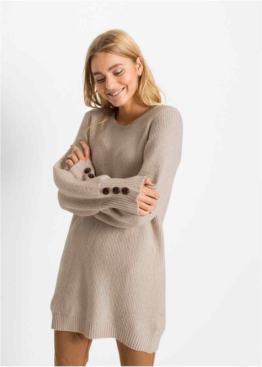 Pull confortable avec manches ballon et col rond - beige