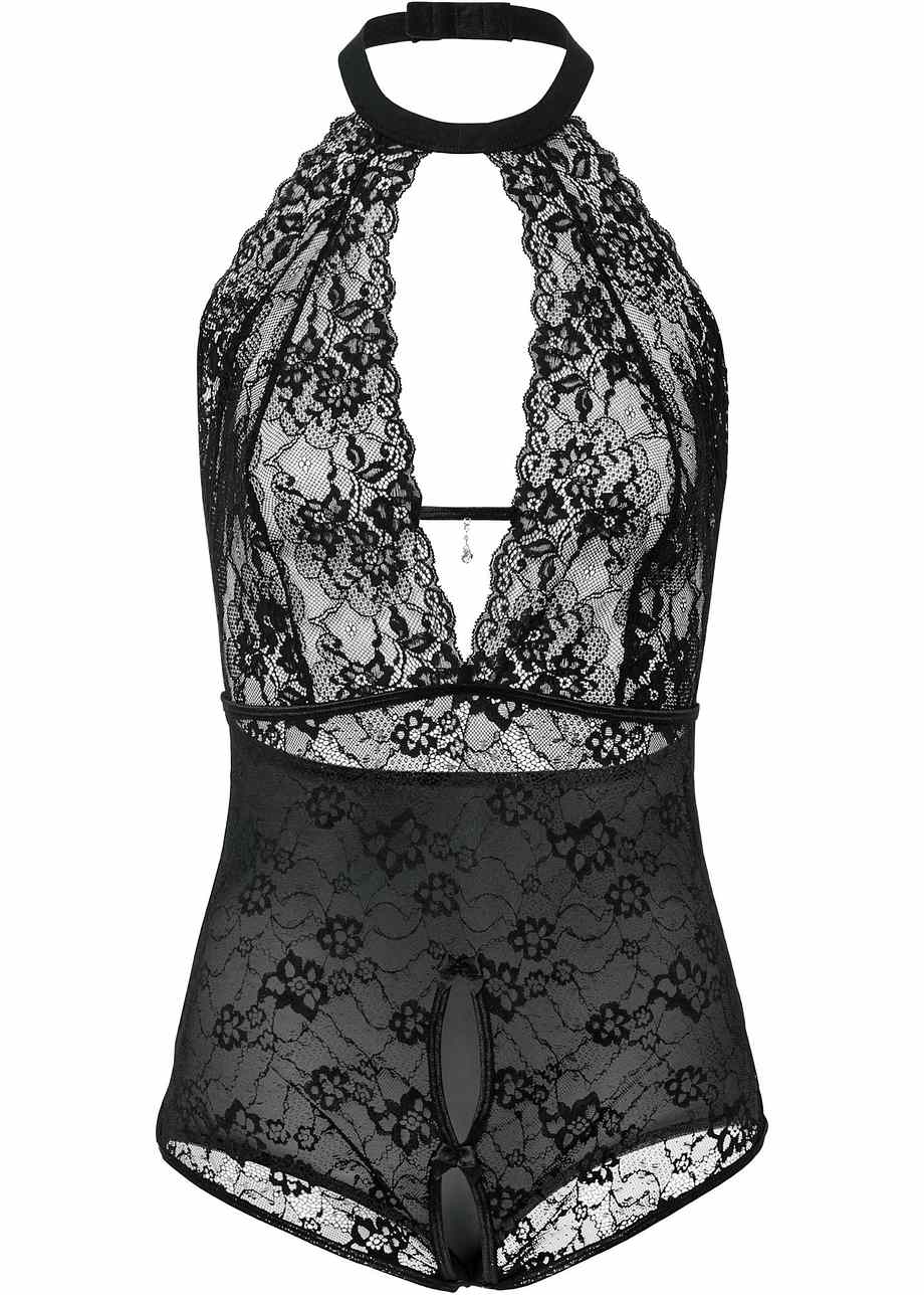 Body-string ouvert érotique avec dentelle sensuelle - noir
