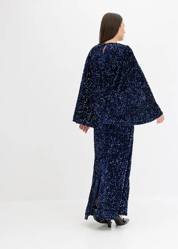 Robe longue, moderne et féminine en velours doux avec des sequins et de longues manches cape ...